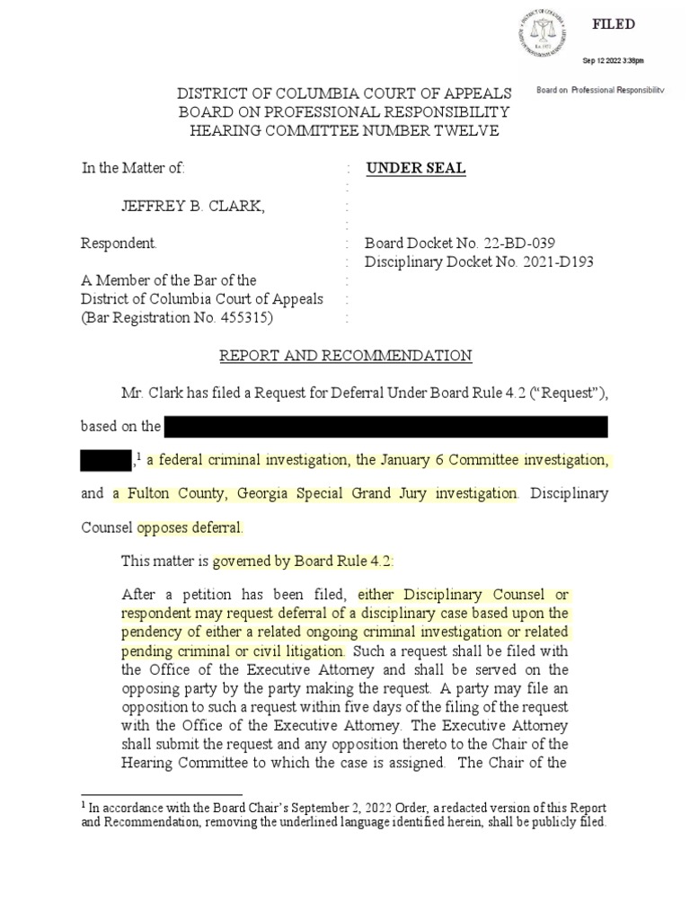 DC Bar Complaint Jeffrey Clark Sept 12th Report | Download Free PDF ...