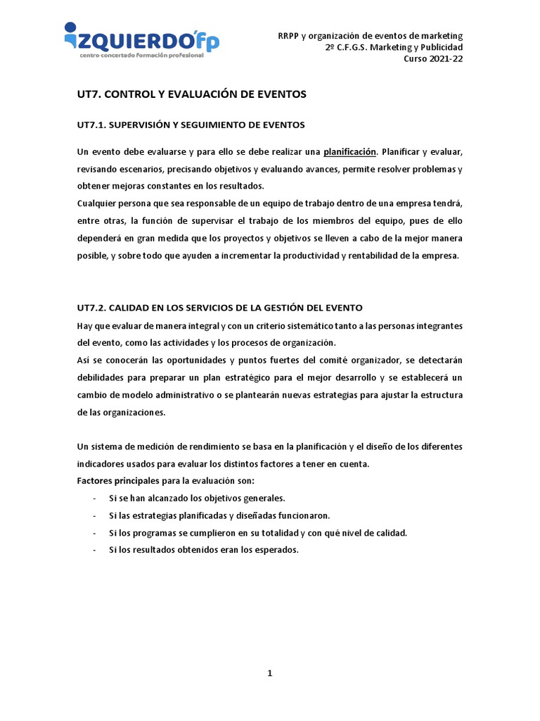 Ut7 - Control y Evaluación de Eventos | PDF | Marketing | Planificación
