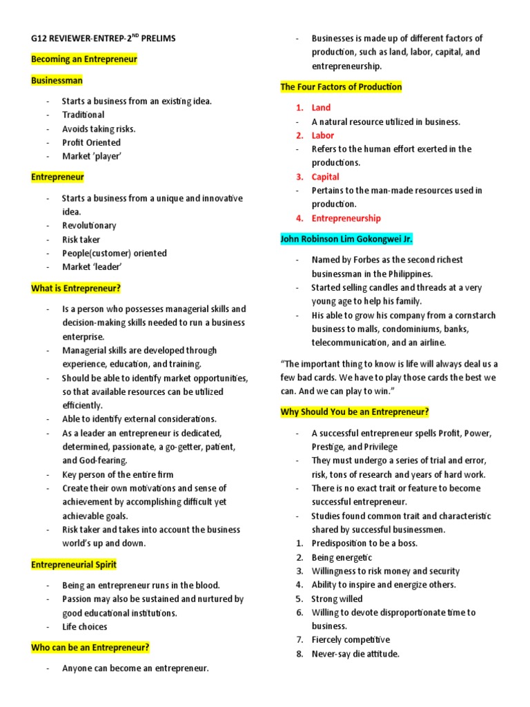 G12 Reviewer Entrep | PDF | Business | Entrepreneurship