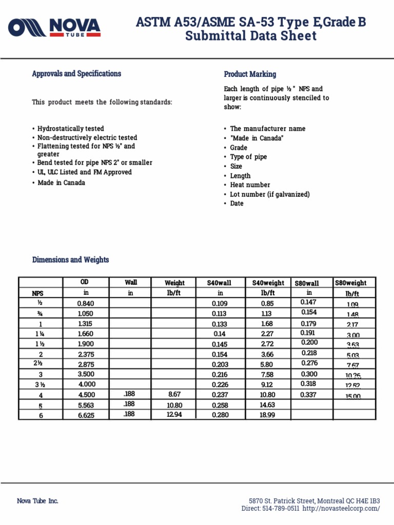 ASTM A53 ASME SA 53 Type E Grade B Submittal Data Sheet | PDF | Pipe ...