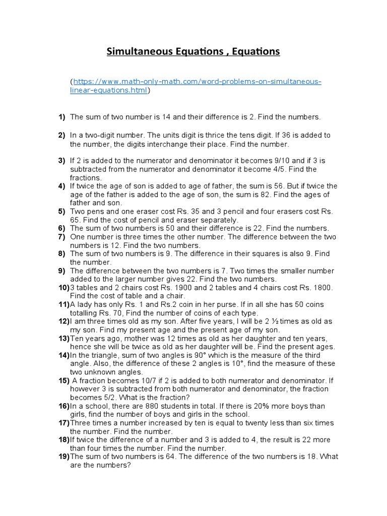 GRADE 8 Math Practice Sums On Simultaneous Equations and Radicals and ...