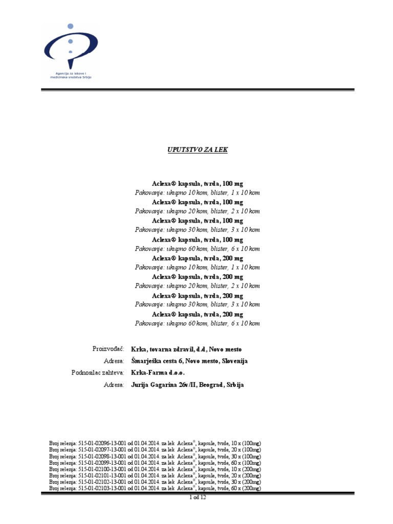 Uputstvo Za Lek: Aclexa Aclexa Aclexa Aclexa Aclexa Aclexa Aclexa ...