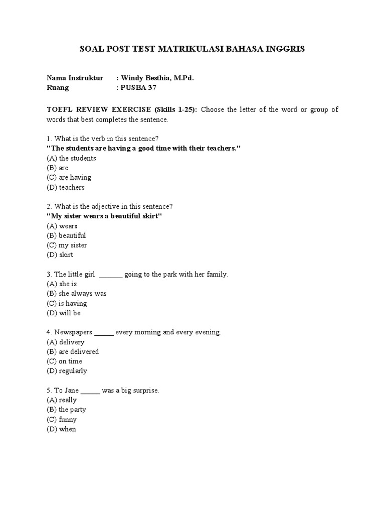 Soal Post Test Matrikulasi Bahasa Inggris1 | PDF