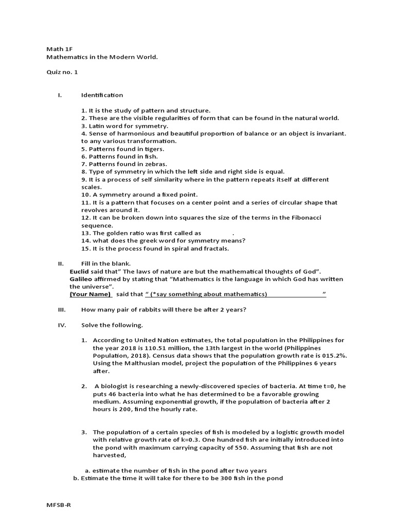 MMW Quiz 1 | PDF | Pattern | Symmetry