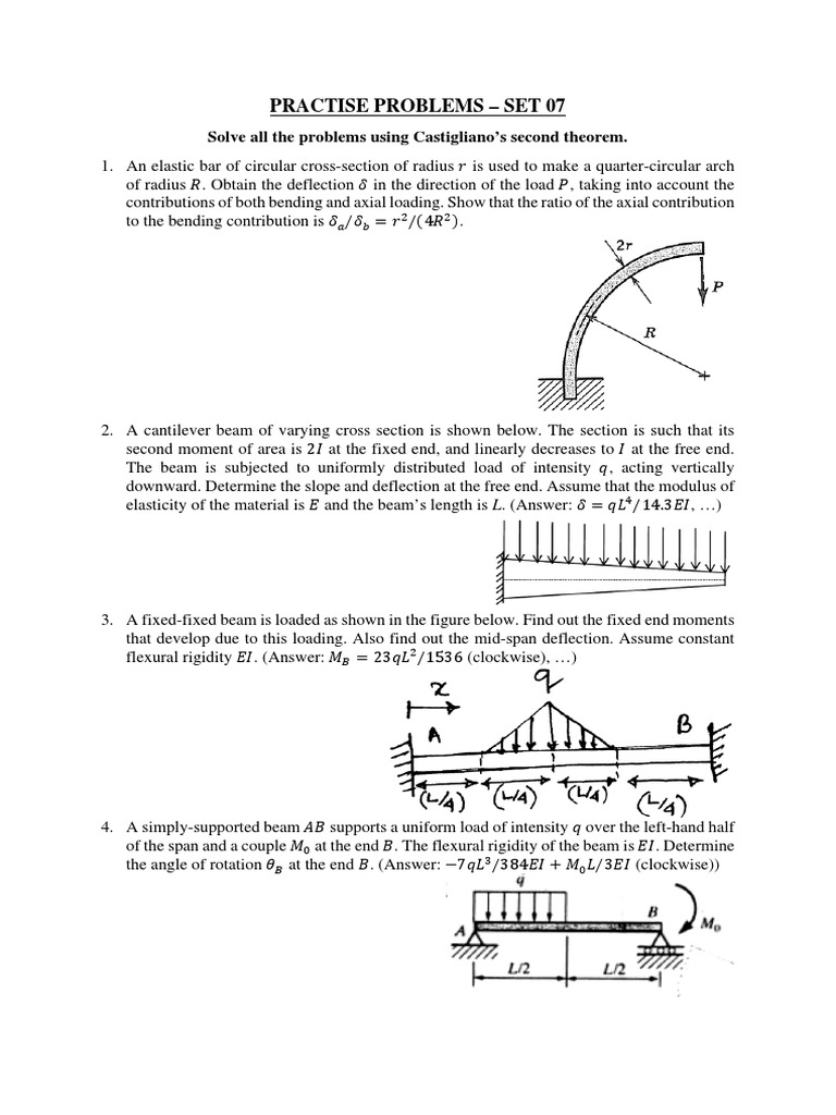 Solutions to Practice Problems Using Castigliano's Second Theorem | PDF | Beam (Structure) | Bending