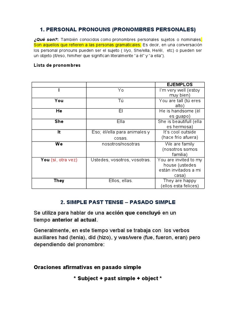 Personal Pronouns y PASADO SIMPLE | PDF | Asunto (gramática ...