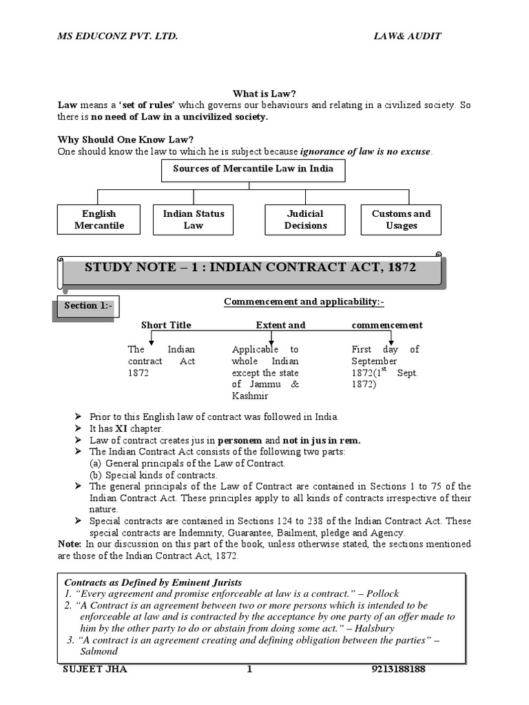 Indian Contract Law Notes-1-85 | PDF | Offer And Acceptance | Consideration