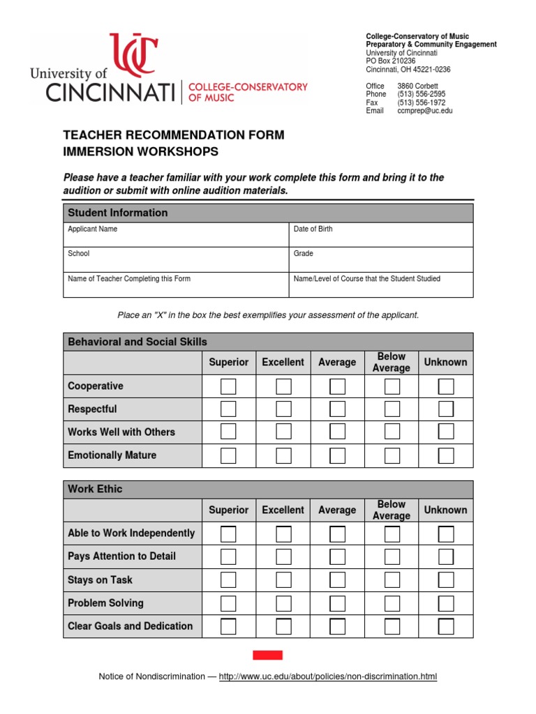 Teacher Recommendation Form for CCM Auditions | PDF | Teachers | Cognition
