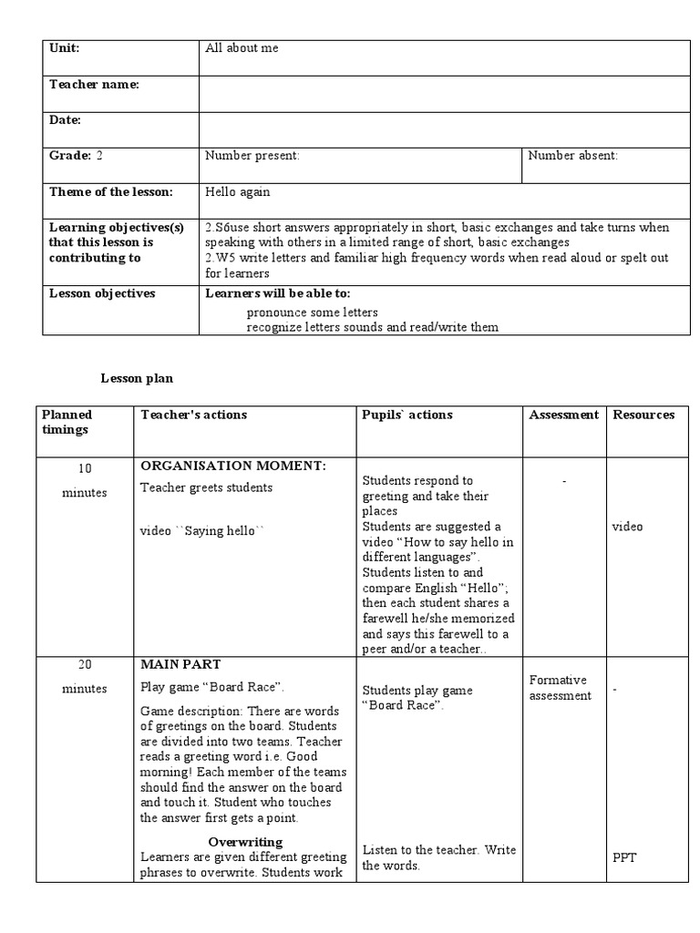 Grade 2 English Lesson Plans Overview | PDF | Lesson Plan | Teachers
