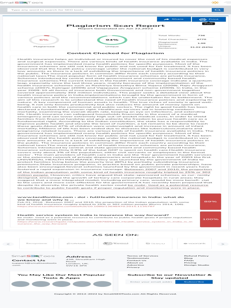 Plagiarism Checker Report - A Free Online Plagiar | PDF | Insurance ...