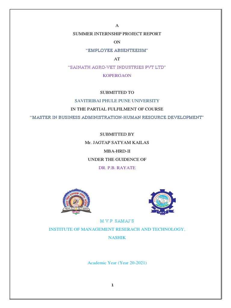 Seat No 11072 Satyam Kailas Jagtap MBA HRD II Employee Absenteeism SIP | Download Free PDF ...