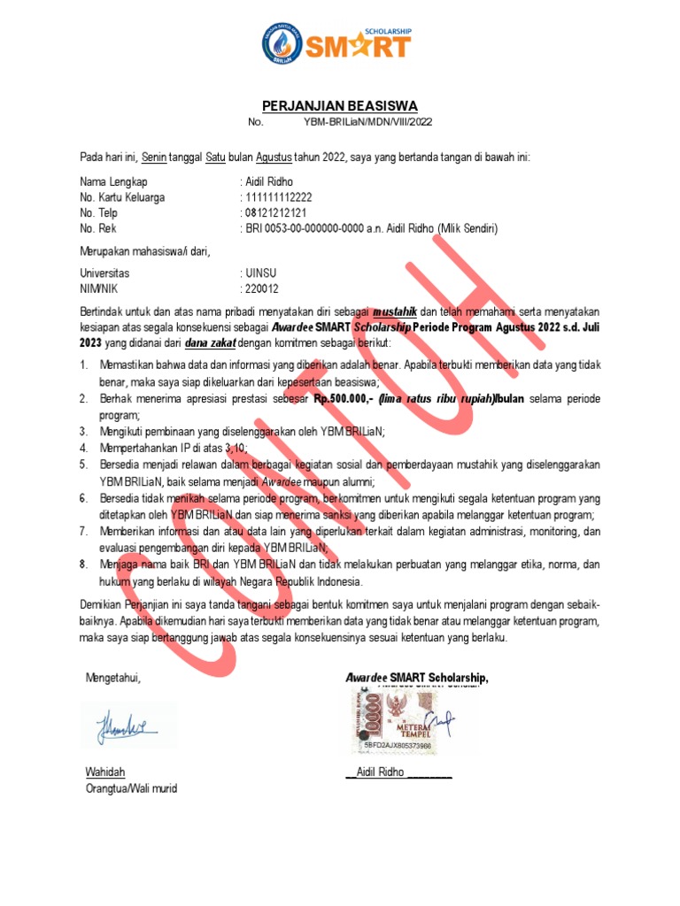CONTOH PT - Perjanjian - Smart - Scholarship - 2022 | PDF