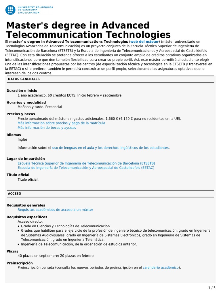 Master's Degree in Advanced Telecommunication Technologies (ETSETB ...
