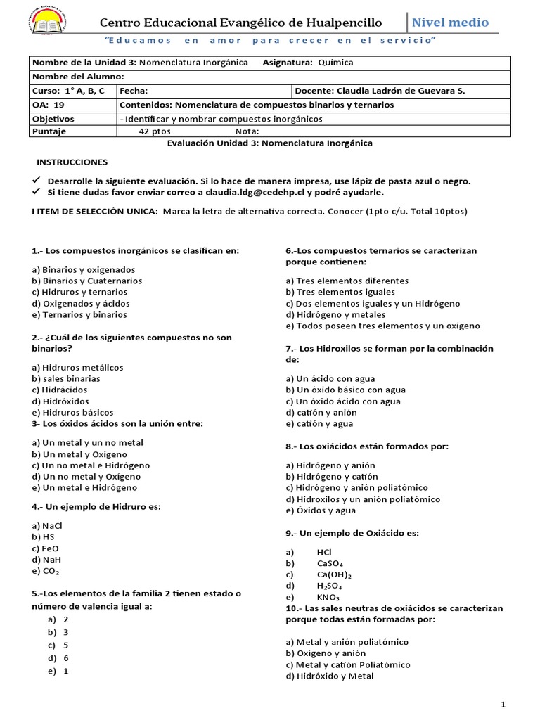 Evaluacion Unidad 3 Quim 1°nm | PDF | Monóxido de carbono | Compuesto inorgánico