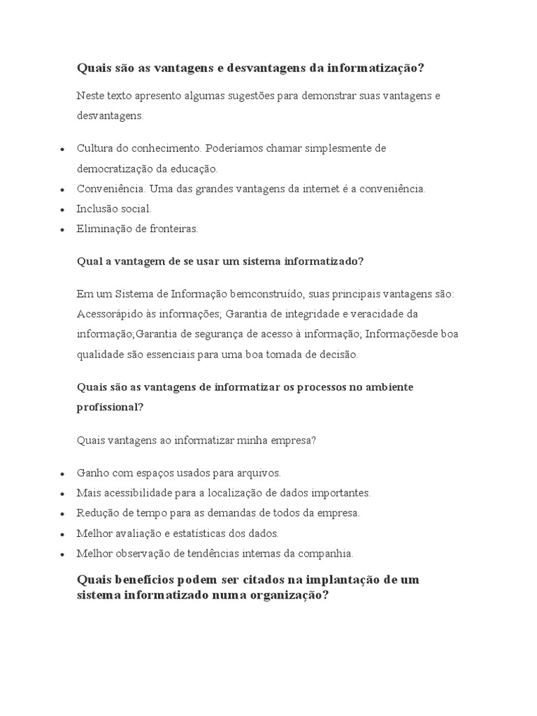 Vantagens e Desvantagens da Informatização | PDF | Sistema de ...