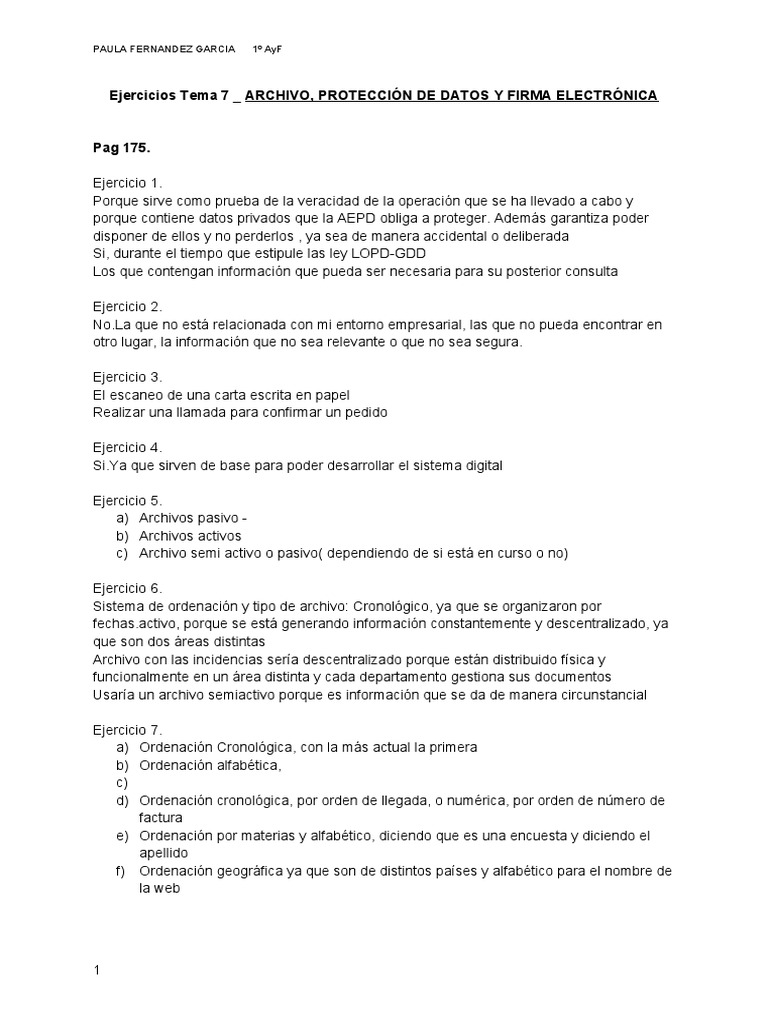 Ejercicios Tema 7 - Archivo, Proteccion de Datos y Firma Electronica | PDF | Privacidad de la ...