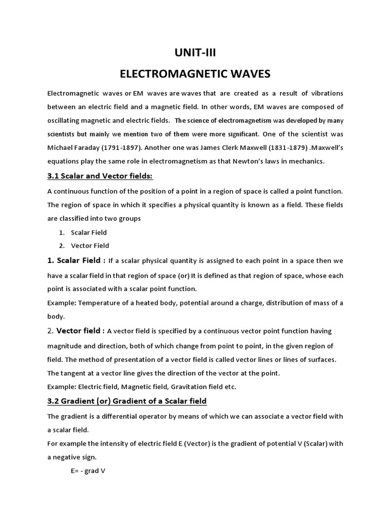 Unit-Iii Electromagnetic Waves - Notes | PDF | Field (Physics) | Waves