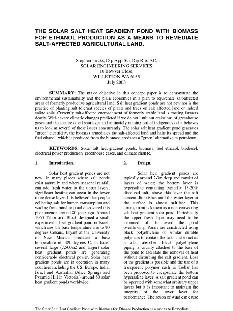 Solar Salt Gradient Ponds | PDF | Gasoline | Biofuel