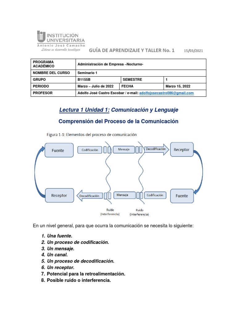 Guía de Aprendizaje y Taller No 1 de Elementos de La Comunicación ...