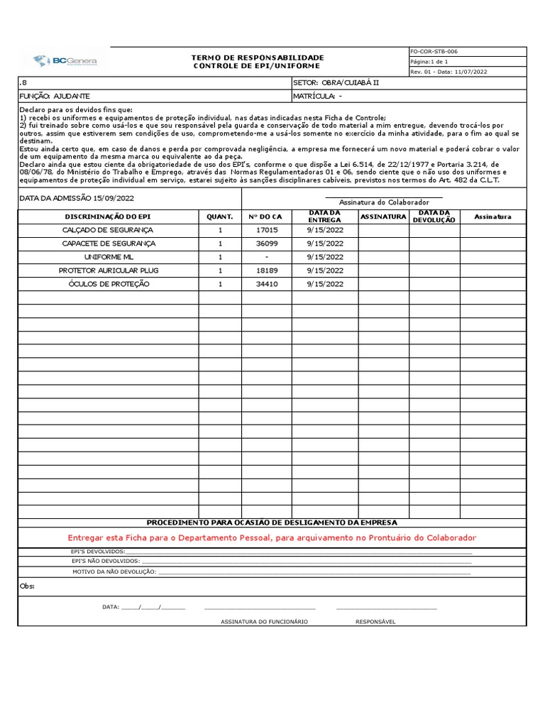 Termo de Responsabilidade Controle de EPI e Uniforme | PDF | Negócios