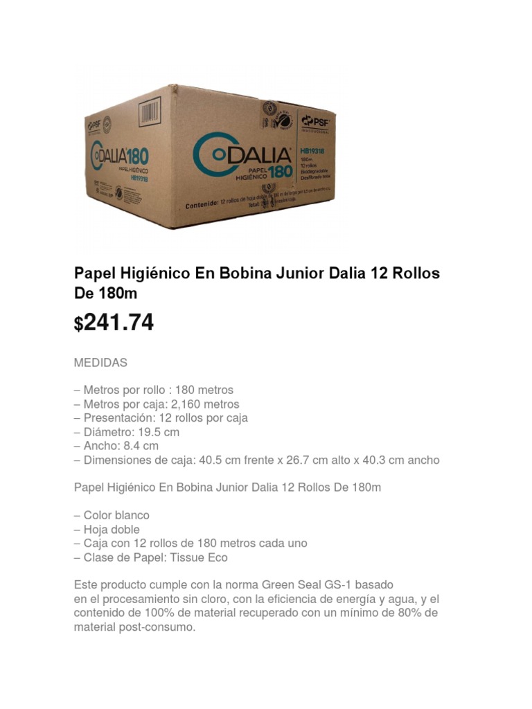Papel Higiénico en Bobina Junior Dalia 12 Rollos de 180m | PDF