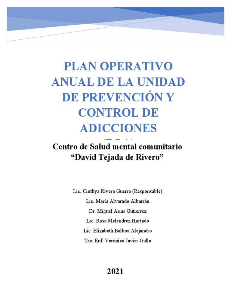 PLAN OPERATIVO ANUAL DE LA UNIDAD DE PREVENCIÓN Y CONTROL DE ADICCIONE1 | PDF | La dependencia ...