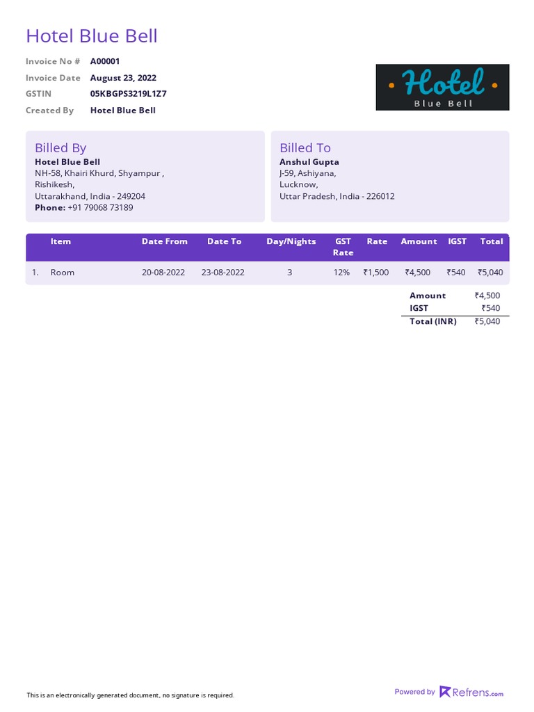 Hotel stay invoice for Anshul Gupta documenting 3 night room booking ...