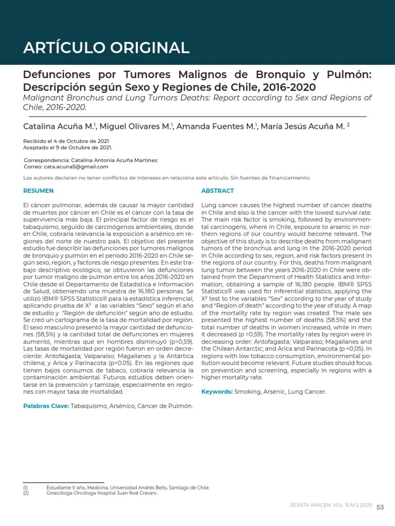 REVISTA ANACEM. Defunciones Por Tumores Malignos de Bronquio y Pulmón Descripción Según Sexo y ...