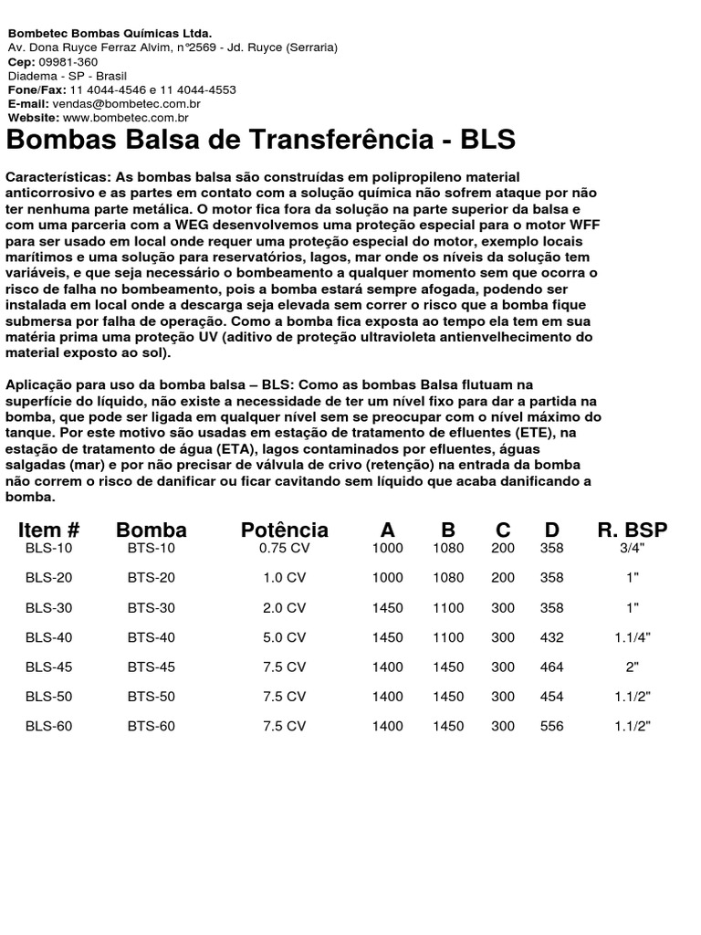 Bombas Balsa de Transferencia Bls | PDF | Química