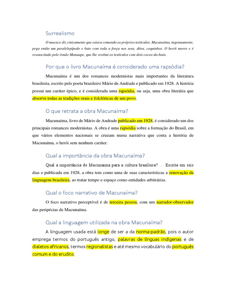 Resumo Guiado de Macunaima | PDF