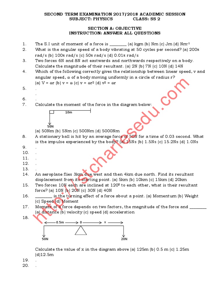 Physics Past Questions For Sss Senior Secondary | PDF | Force ...