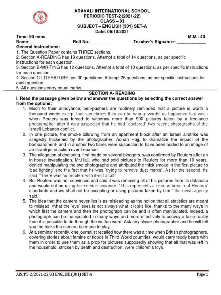PT-2 GRADE 11 ENG Q.P Set-A Final02 | PDF | Memory | Thought