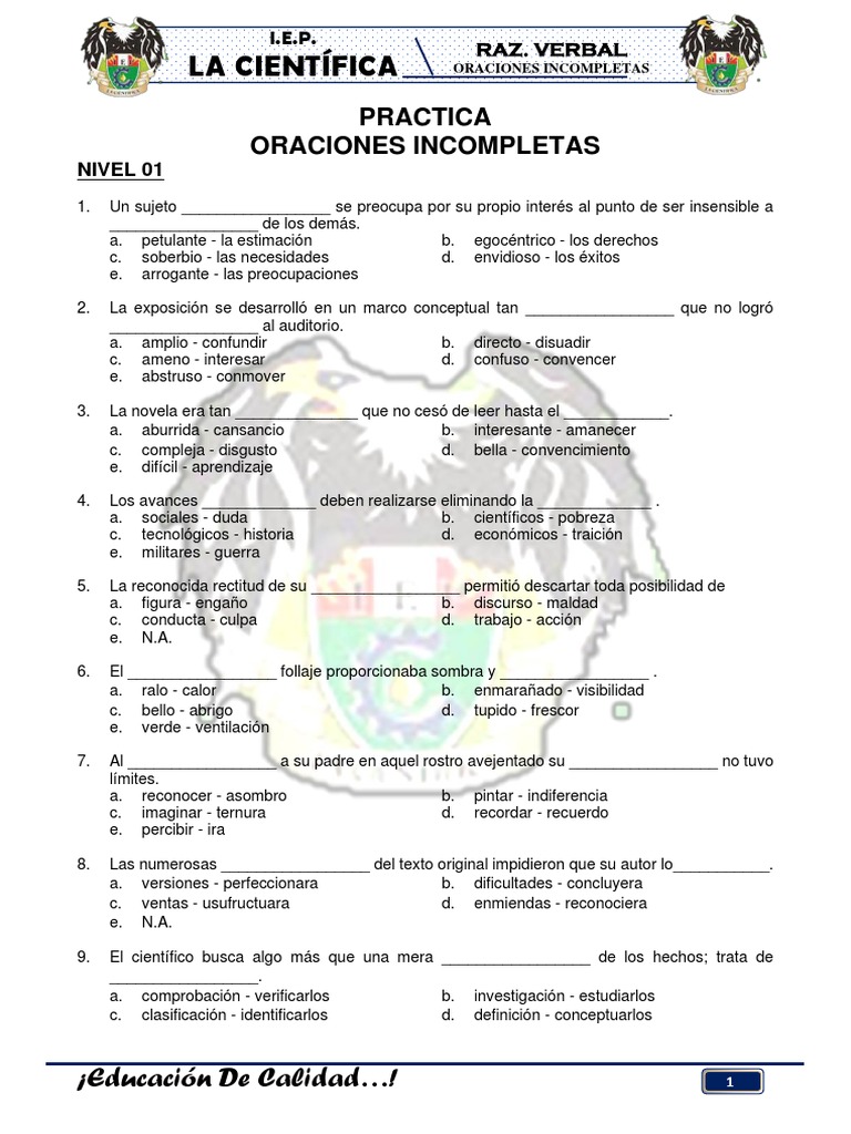 1º Oraciones Incompletas | PDF