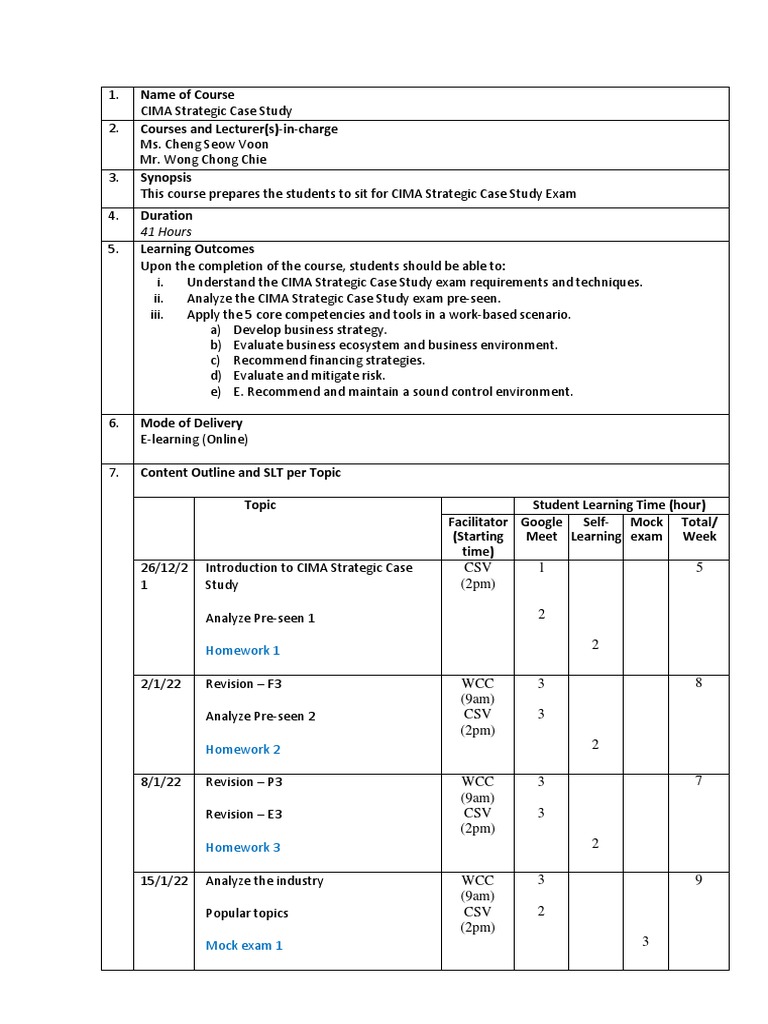 CIMA Strategic Case Study Teaching Plan (Feb 2022) | PDF | Education ...