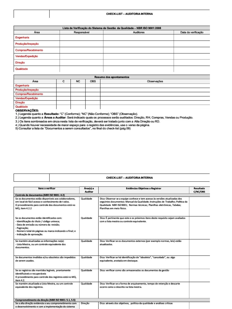 Checklist de Auditoria Interna ISO 9001 | PDF | ISO 9000 | Qualidade ...