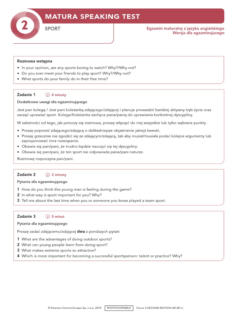 Focus3 2E Matura Speaking Unit 2 For Teacher | PDF
