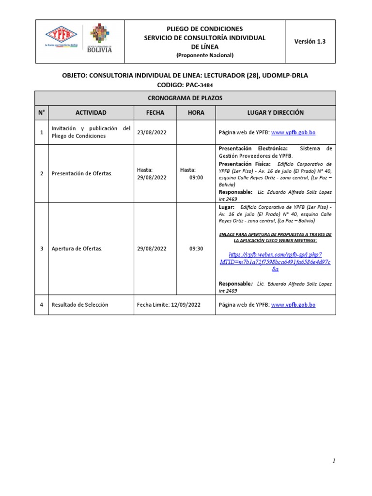 Pliego de Condiciones Servicio de Consultoria Pac-3484 | PDF