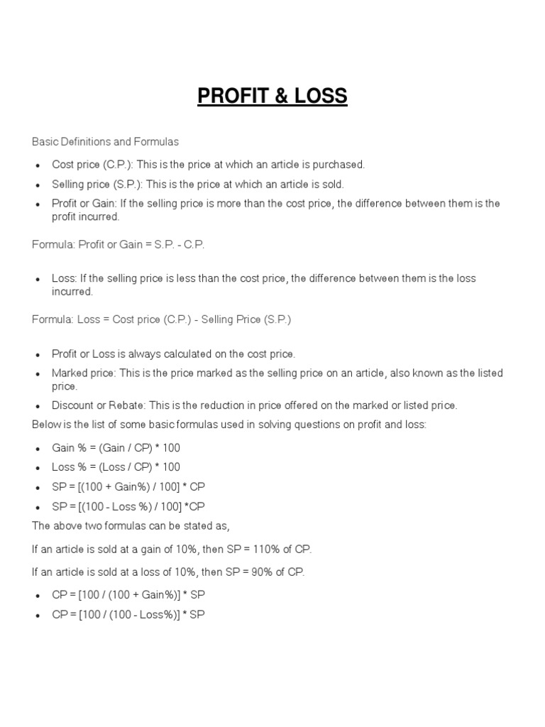 Profit & Loss Formulas Guide | PDF | Profit (Economics) | Prices