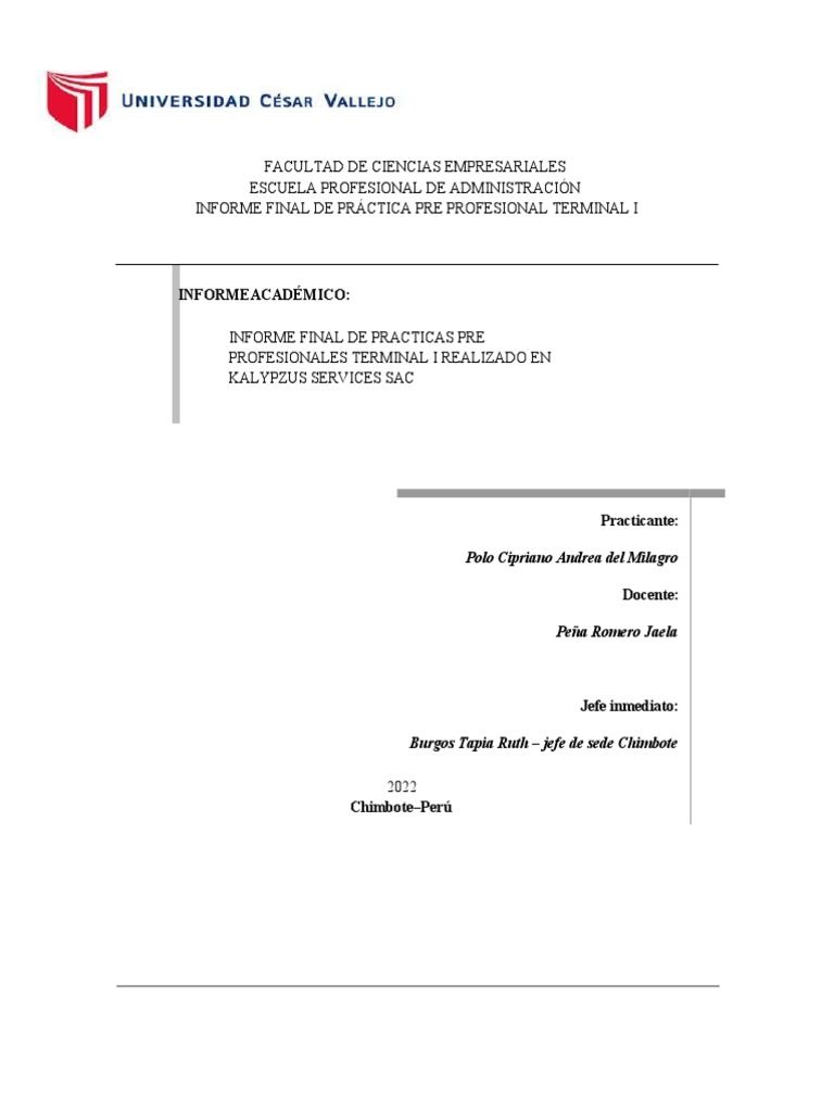 Informe Final de Practicas Pre Profesionales Terminal I Realizado en Kalypzus Services Sac ...