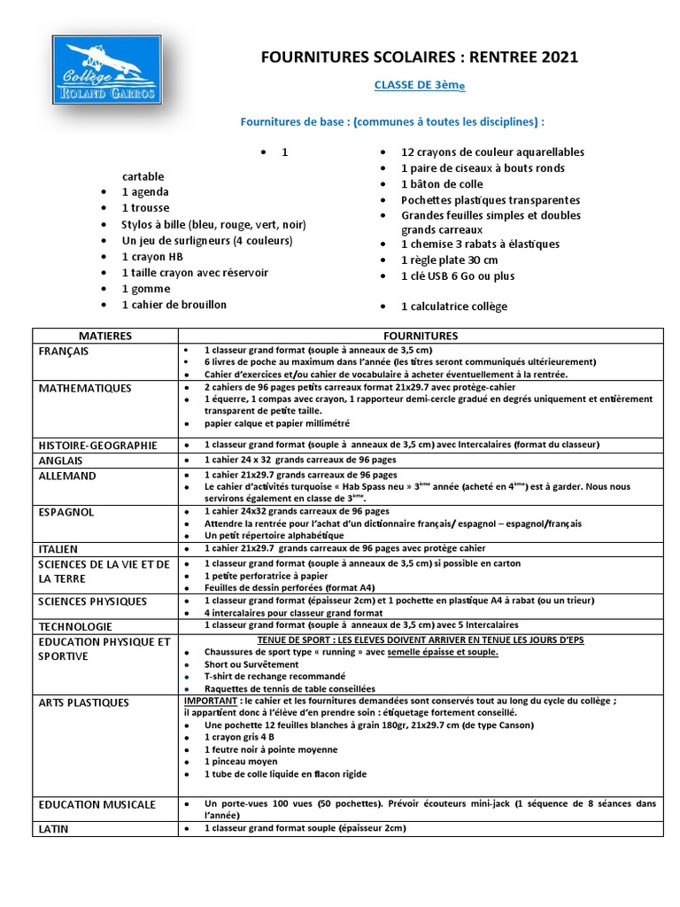Liste Fournitures 3°rentree 2020.2021 | Descargar gratis PDF | Crayon ...