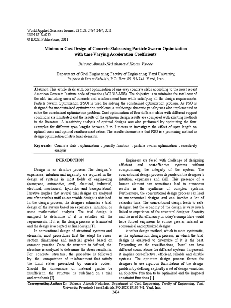Minimum Cost Design of Concrete Slabs Using Particle Swarm Optimization ... Minimum Cost Design of Concrete Slabs Using Particle Swarm Optimization ...