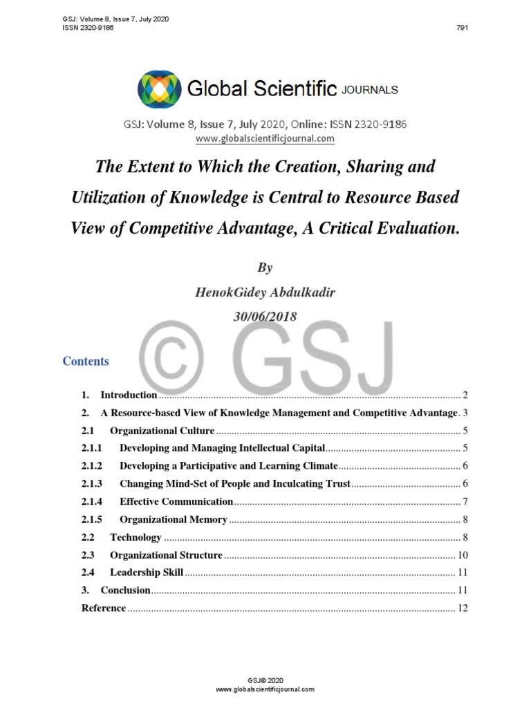 The Extent To Which The Creation Sharing and Utilization of Knowledge Are Central To Resource ...