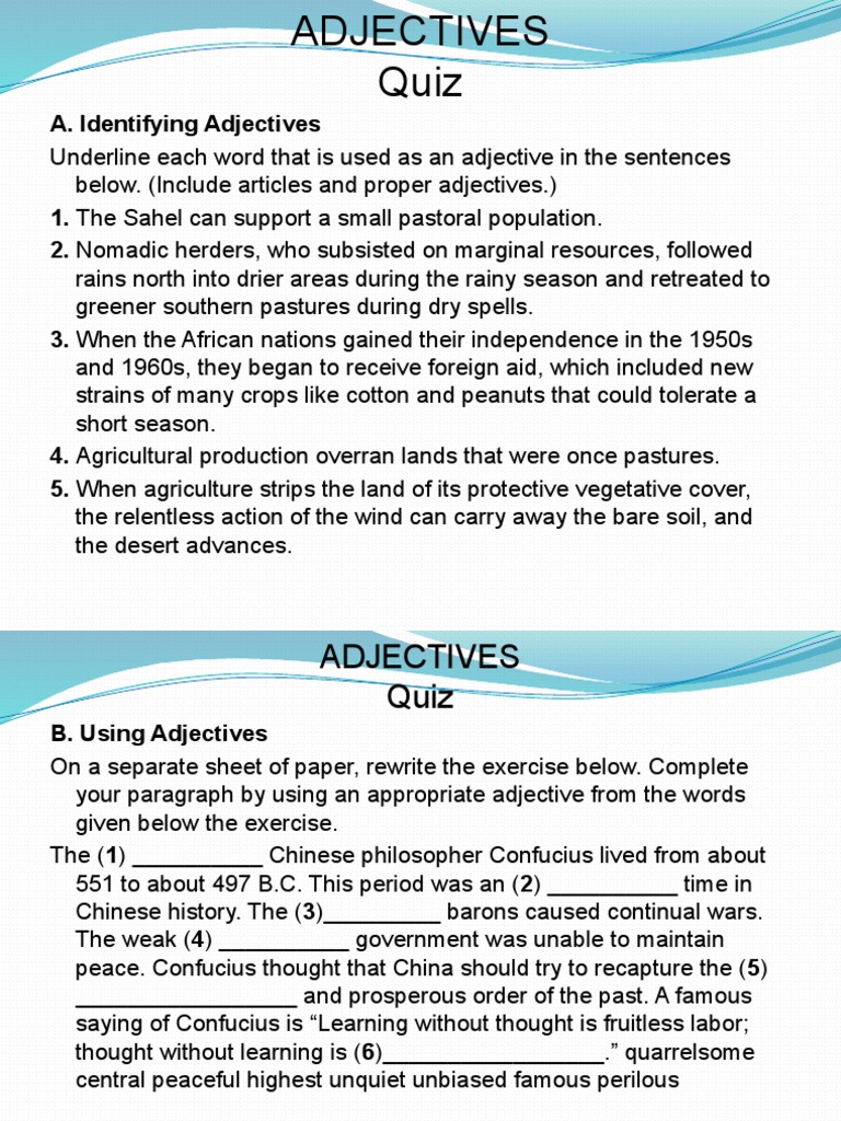 Lesson 4 Adjectives Quiz | PDF | Trees