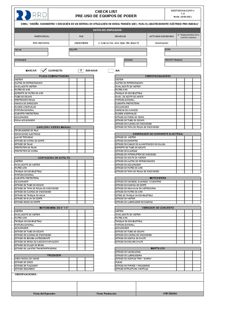 SSOMA-Check List Pre-Uso de Equipos de Poder | PDF | Máquinas | Vehículos