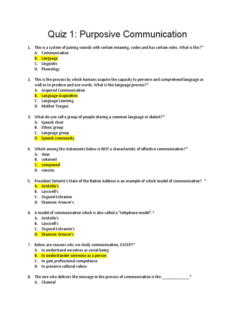 Quiz 1 Purposive Communication | PDF | Communication | Nonverbal Communication