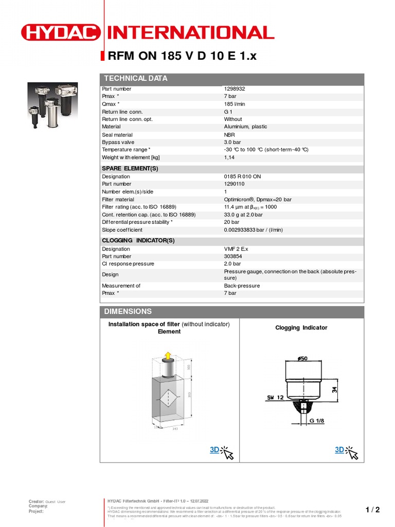 Filtro RFM ON 185 V D 10 E 1.x (Hydac) | PDF | Pressure Measurement ...