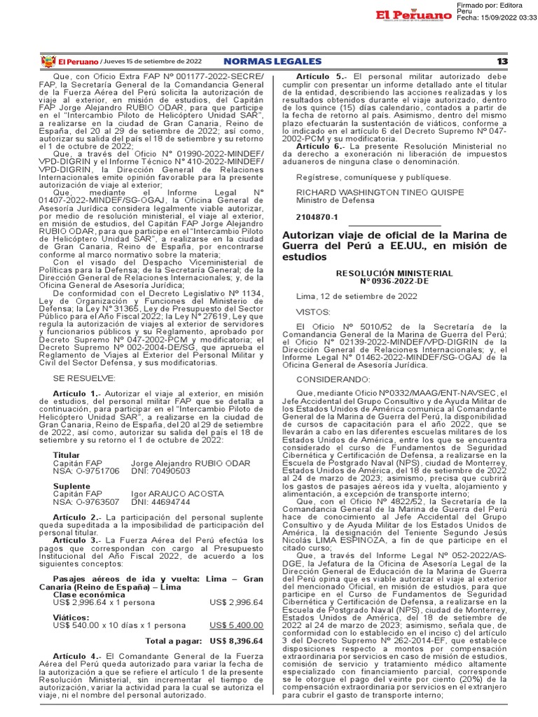 Autorización de Viaje de Oficiales FAP | PDF | Oficial general | Perú