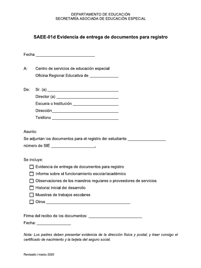 SAEE - 01d Evidencia de Entrega de Documentos para Registro | PDF