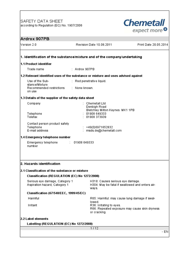 Ardrox 907pb Sds Ver2 | PDF | Toxicity | Dangerous Goods