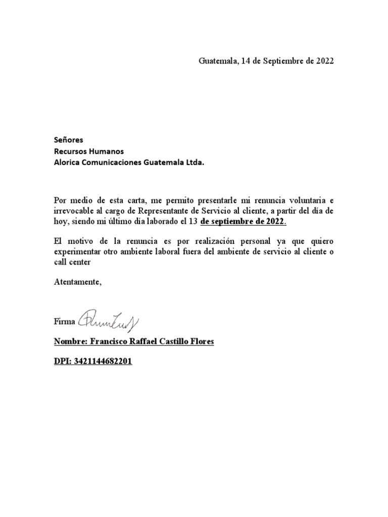 Carta de Renuncia Firma Digital | PDF | Finanzas y dinero